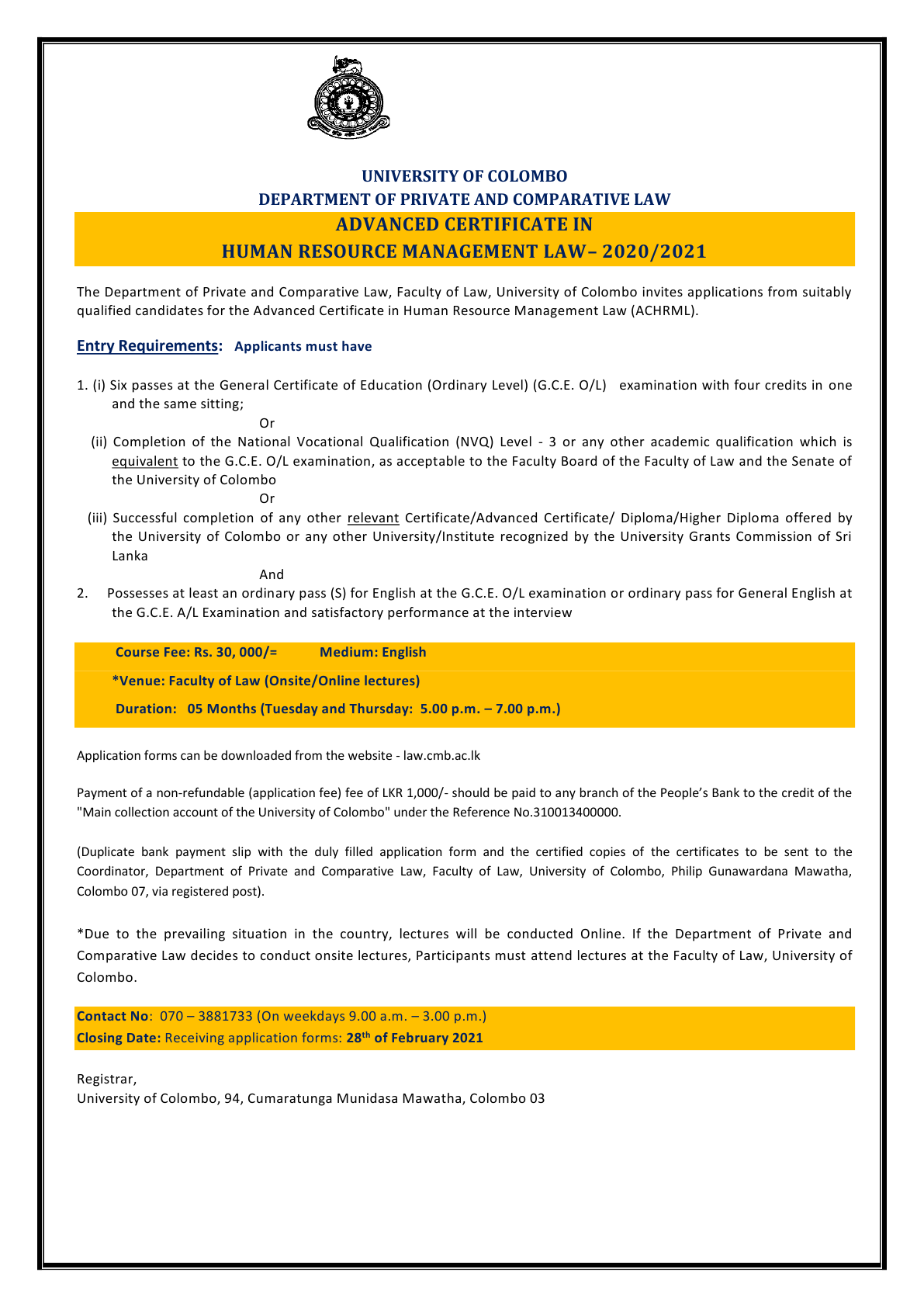 Advanced Certificate In Human Resource Management Law 2021 Faculty