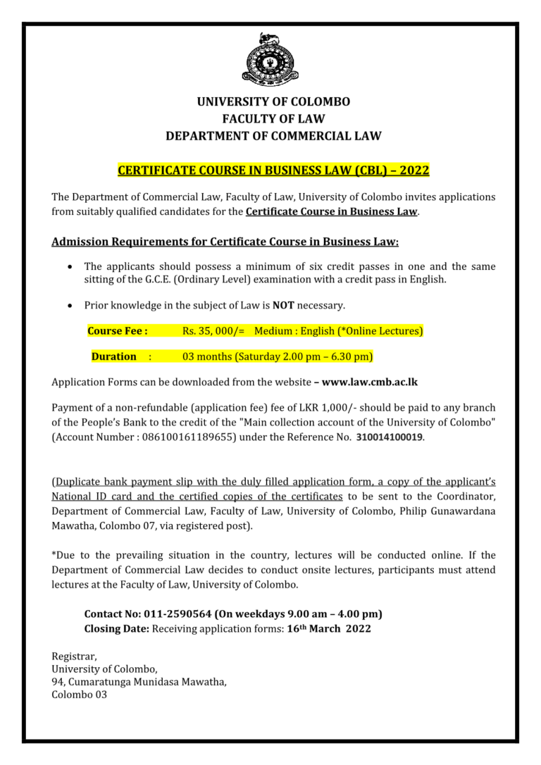Call for Applications – CERTIFICATE COURSE IN BUSINESS LAW (CBL) – 2022 ...