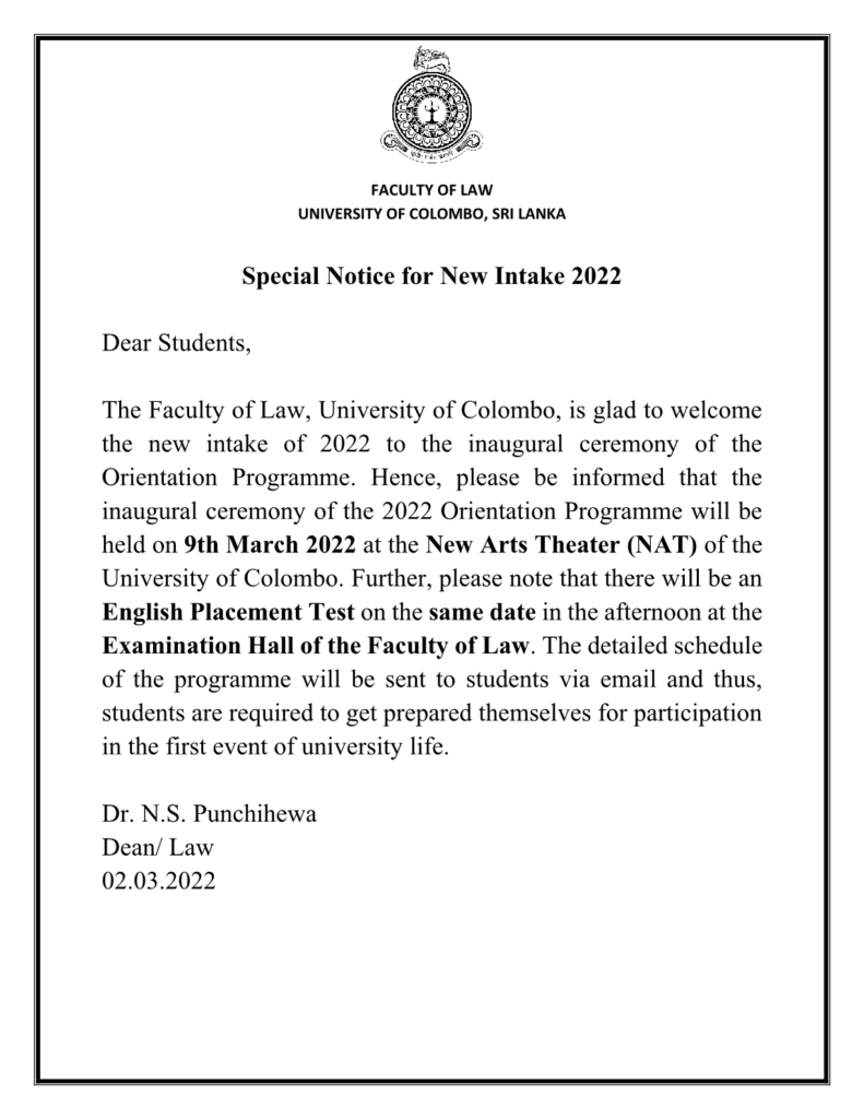 Special Notice for New Intake 2022 | Faculty of Law