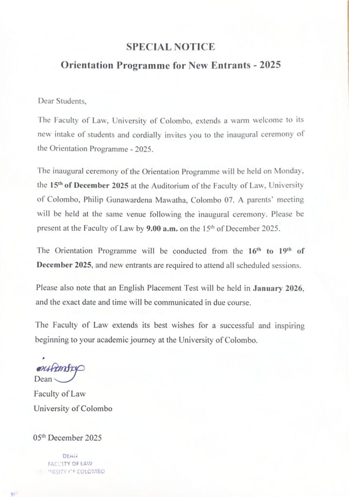 Special Notice – New Intake 2025 | Faculty of Law